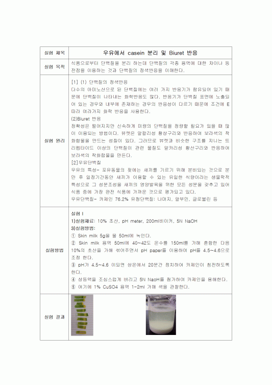 우유에서 casein 분리 및 Biuret 반응