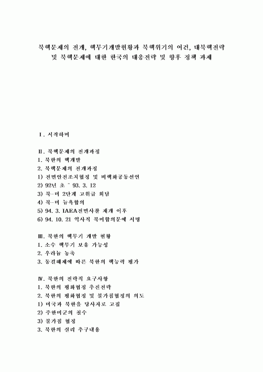 북핵문제,핵무기개발,북핵위기,대북핵전략,북한핵문제,한반도핵문제,북핵문제의 전개, 핵무기개발현황과 북핵위기의 여건, 대북핵전략 및 북핵문제에 대한 한국의 대응전략 및 향후 정책 과제