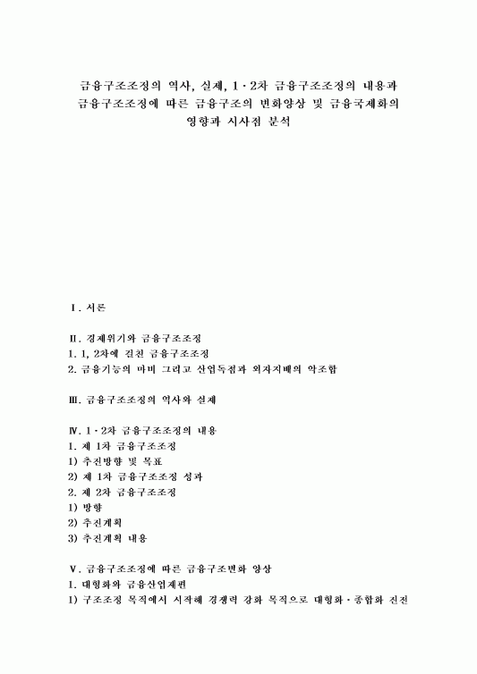 [금융구조조정][금융구조][금융국제화][금융산업]금융구조조정의 역사, 금융구조조정의 실제, 1.2차 금융구조조정의 내용과 금융구조조정에 따른 금융구조의 변화양상 및 금융국제화의 영향과 시사점 분석