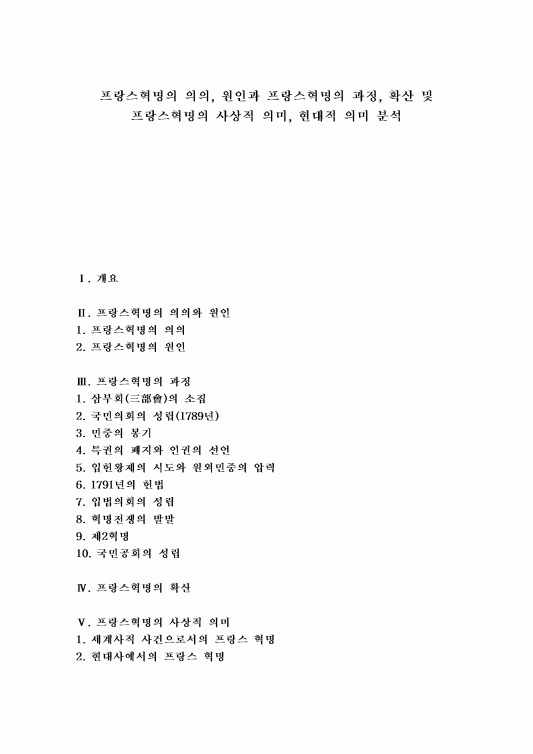 [프랑스혁명][프랑스혁명의 사상적 의미][프랑스혁명의 현대적 의미]프랑스혁명의 의의, 프랑스혁명의 원인, 프랑스혁명의 과정, 프랑스혁명의 확산, 프랑스혁명의 사상적 의미, 프랑스혁명의 현대적 의미 분석