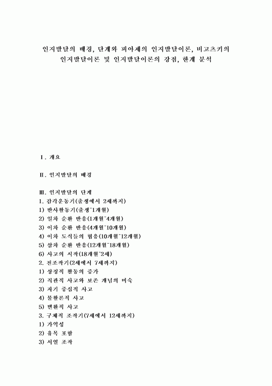 [인지발달][피아제 인지발달이론][비고츠키 인지발달이론]인지발달의 배경, 인지발달의 단계와 피아제의 인지발달이론, 비고츠키의 인지발달이론 및 인지발달이론의 강점, 인지발달이론의 한계 분석
