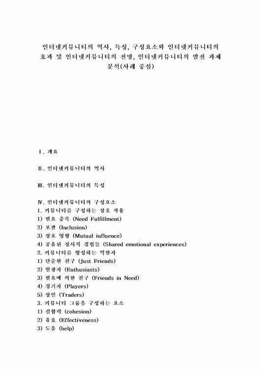 [커뮤니티]인터넷커뮤니티의 역사, 인터넷커뮤니티의 특성, 인터넷커뮤니티의 구성요소와 인터넷커뮤니티의 효과 및 인터넷커뮤니티의 전망, 인터넷커뮤니티의 발전 과제 분석(인터넷커뮤니티 사례 중심)