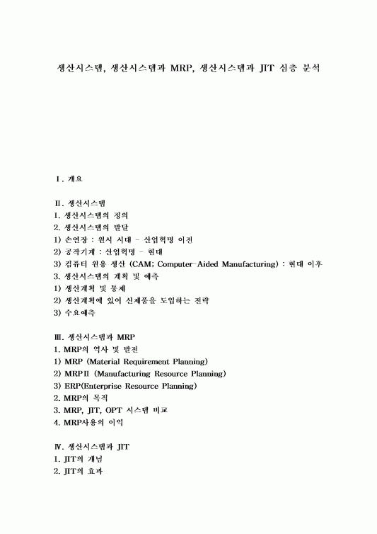 생산시스템(생산시스템 정의, 생산시스템 발달, 생산시스템 계획,예측), 생산시스템과 MRP(MRP 역사, 발전, MRP 목적, MRP, JIT, OPT 시스템 비교, MRP사용 이익), 생산시스템과 JIT(JIT 개념, JIT 효과)