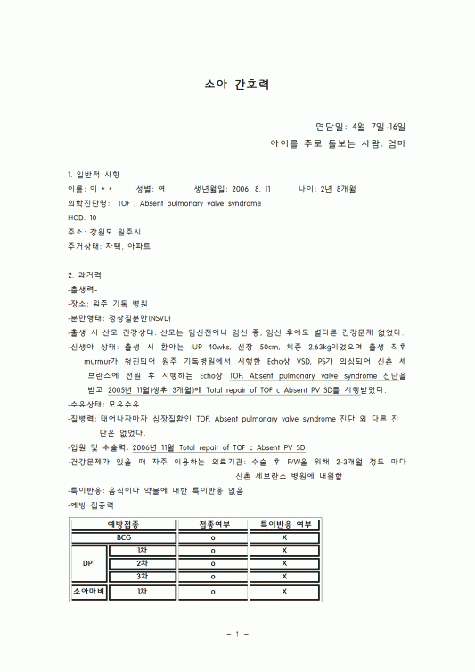 아동 심장혈관 병원 TOF(활로사징후)대상자 실습 보고서