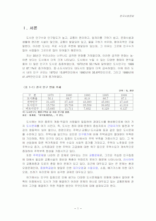 인구의 집중으로 인해 도시에는 다양한 사회문제가 발생한다. 이들 도시문제의 주요 유형을 들고 그 중 대표적인 한 가지를 골라 그를 해결하기 위한 적절한 방안은 무엇일지에 대해 생각해 보시오.