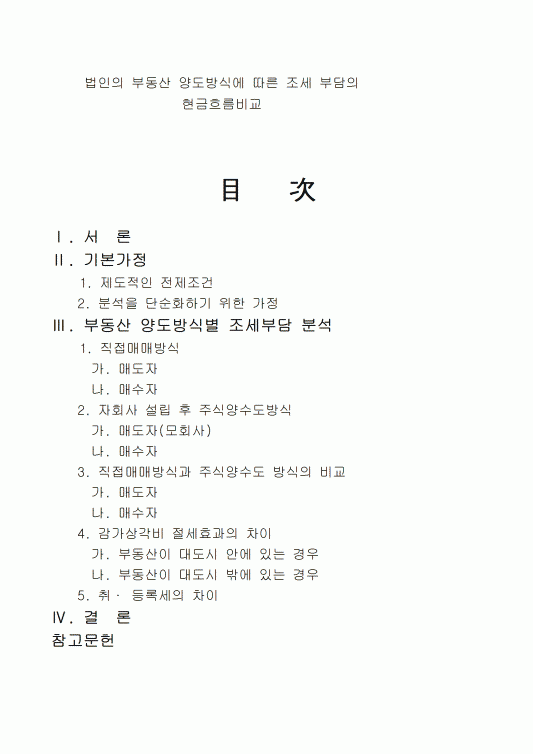 법인의 부동산 양도방식에 따른 조세 부담의 현금흐름비교
