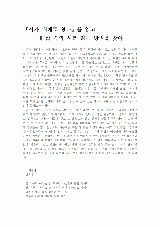 <시가 내게로 왔다>를 읽고 -내 삶 속의 시를 읽는 방법을 찾아