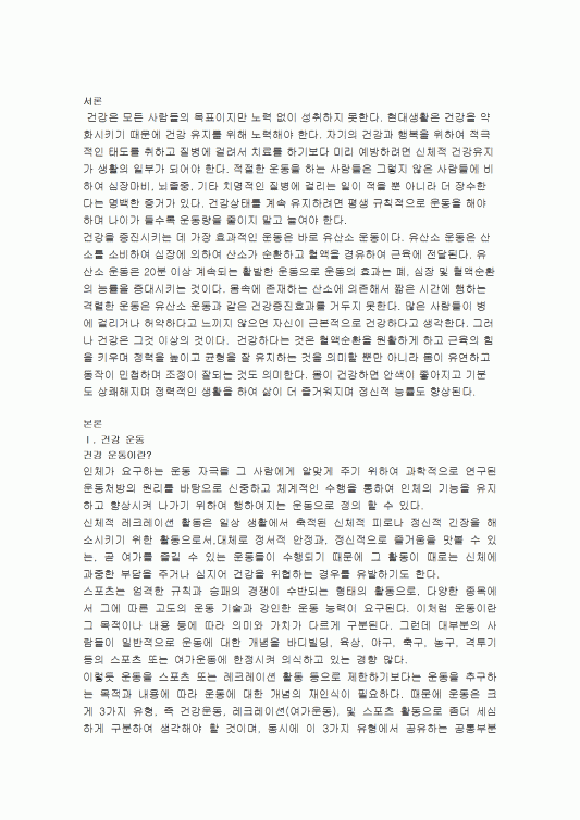 <생활과건강> 건강운동 종류, 강도, 지속시간, 빈도, 단계에 대해 기술하시오.