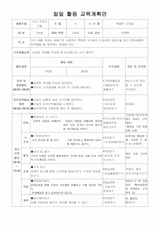 일일활동계획안