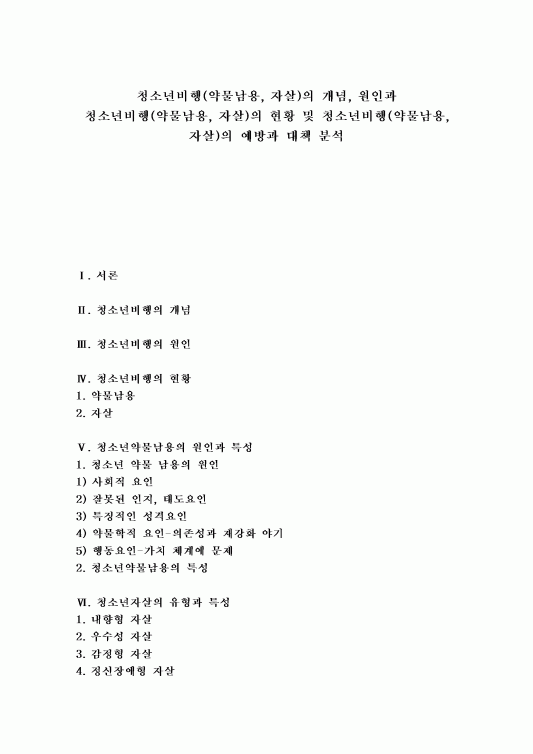 [청소년비행][약물남용][자살][청소년문제][약물남용예방][자살예방]청소년비행(약물남용, 자살)의 개념, 원인과 청소년비행(약물남용, 자살)의 현황 및 청소년비행(약물남용, 자살)의 예방과 대책 분석