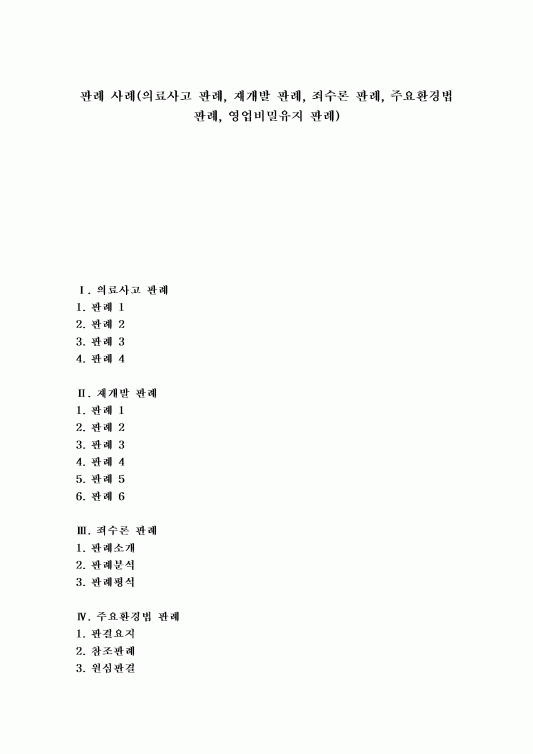 [판례][판례 사례][의료사고 판례][재개발 판례][죄수론 판례][주요환경법 판례][영업비밀유지 판례][판례 모음]판례 사례(의료사고 판례, 재개발 판례, 죄수론 판례, 주요환경법 판례, 영업비밀유지 판례)