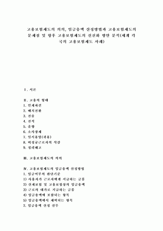 [고용보험제][고용보험제도][고용보험제도 사례]고용보험제도의 의의, 고용보험제도의 임금총액 산정방법, 고용보험제도의 문제점, 향후 고용보험제도의 선진화 방안 분석(세계 각 국의 고용보험제도 사례)