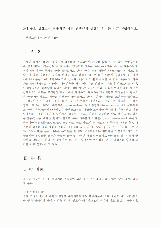 3대 주요 영양소인 탄수화물 지질 단백질의 영양적 의미를 비교 설명yu