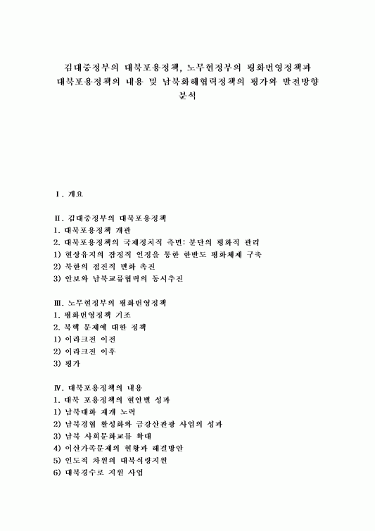 [김대중정부][노무현정부][평화번영정책][대북포용정책][남북화해협력정책]김대중정부의 대북포용정책, 노무현정부의 평화번영정책과 대북포용정책의 내용 및 남북화해협력정책의 평가와 발전방향 분석
