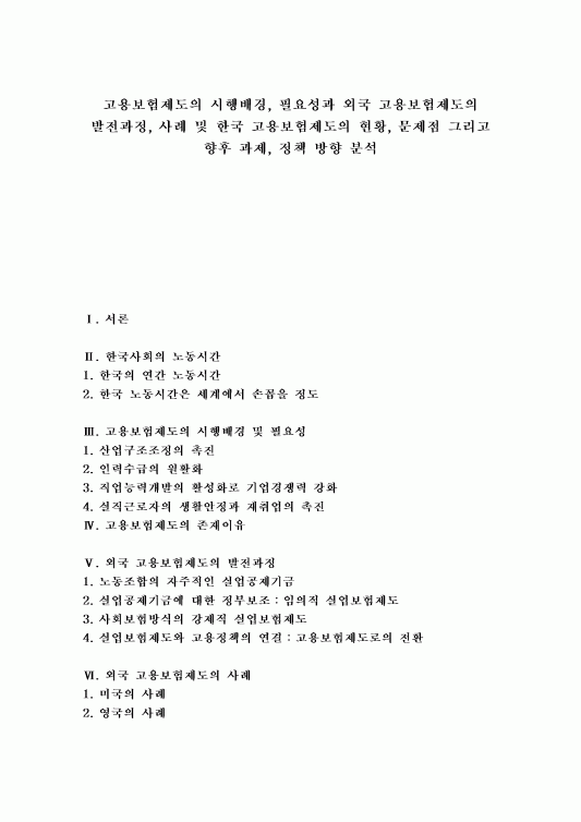 [고용보험]고용보험제도의 시행배경, 고용보험제도의 필요성, 외국 고용보험제도의 발전과정, 외국 고용보험제도의 사례, 한국 고용보험제도의 현황, 한국 고용보험제도의 문제점, 향후 고용보험제도 과제,정책방향
