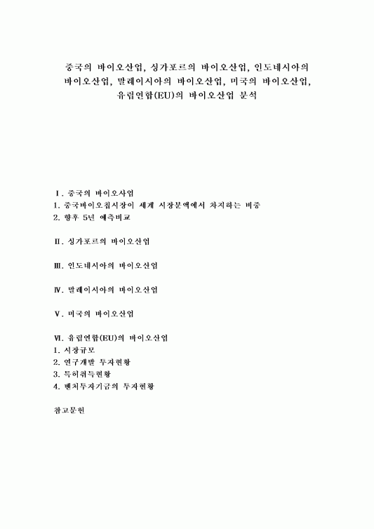 [바이오산업][중국][싱가포르][인도네시아][말레이시아][미국][유럽연합][EU]중국 바이오산업, 싱가포르 바이오산업, 인도네시아 바이오산업, 말레이시아 바이오산업, 미국 바이오산업, 유럽연합(EU) 바이오산업