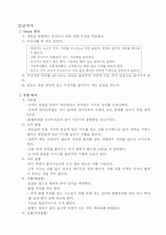 응급처치 응급처치방법 Shock 환자 출혈 환자 약물중독 환자 화상 환자 골절 환자 급성 충수돌기염, 복막염환자
