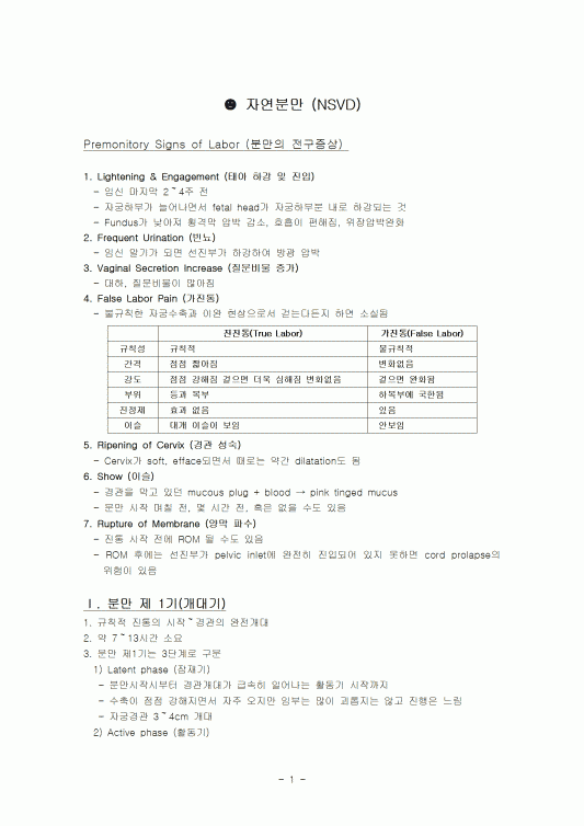 [간호학]자연분만 (NSVD) 시기별 간호중재, 간호과정