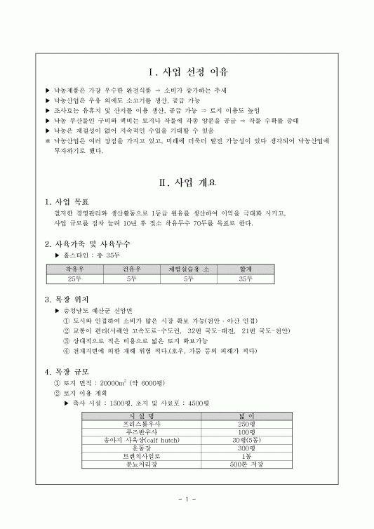 낙농 목장 사업 계획서(목장 설계)