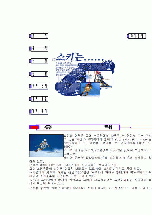 스키의 모든것 (유래, 역사, 규칙, 시설, 심판, 반칙, 용품, 용어)