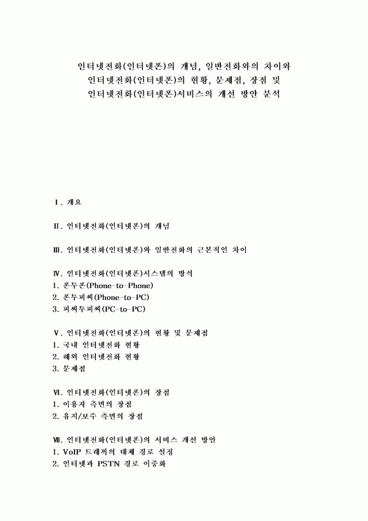 [인터넷전화]인터넷전화(인터넷폰)의 개념, 일반전화와의 차이와 인터넷전화(인터넷폰)의 현황, 인터넷전화(인터넷폰)의 문제점, 인터넷전화(인터넷폰)의 장점 및 인터넷전화(인터넷폰)서비스의 개선 방안 분석