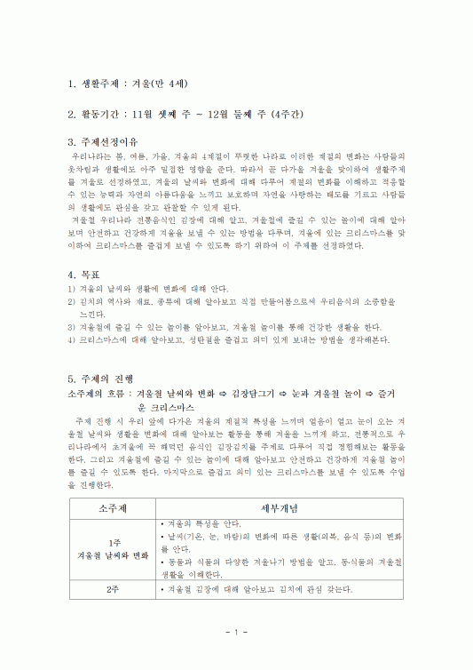 [주제:겨울 만4세] 유치원 월간, 주간, 일일, 부분수업계획안