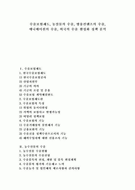 [수출][수출보험제도][농산물 수출][방송컨텐츠 수출][애니메이션 수출][외국 수출 활성화 정책]수출보험제도, 농산물의 수출, 방송컨텐츠의 수출, 애니메이션의 수출, 외국의 수출 활성화 정책 분석