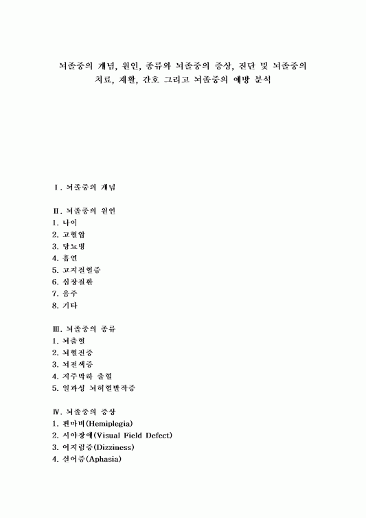 [뇌졸중][중풍]뇌졸중(중풍)의 개념, 뇌졸중(중풍)의 원인, 뇌졸중(중풍)의 종류, 뇌졸중(중풍)의 증상, 뇌졸중(중풍)의 진단, 뇌졸중(중풍)의 치료, 뇌졸중(중풍)의 재활, 뇌졸중(중풍)의 간호, 뇌졸중(중풍) 예방