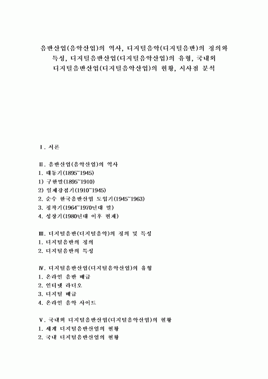 [디지털음악][디지털음반][음반산업][음악산업]음반산업(음악산업)의 역사, 디지털음악(디지털음반)의 정의,특성, 디지털음반산업(디지털음악산업)의 유형, 국내외 디지털음반산업(디지털음악산업)의 현황,시사점
