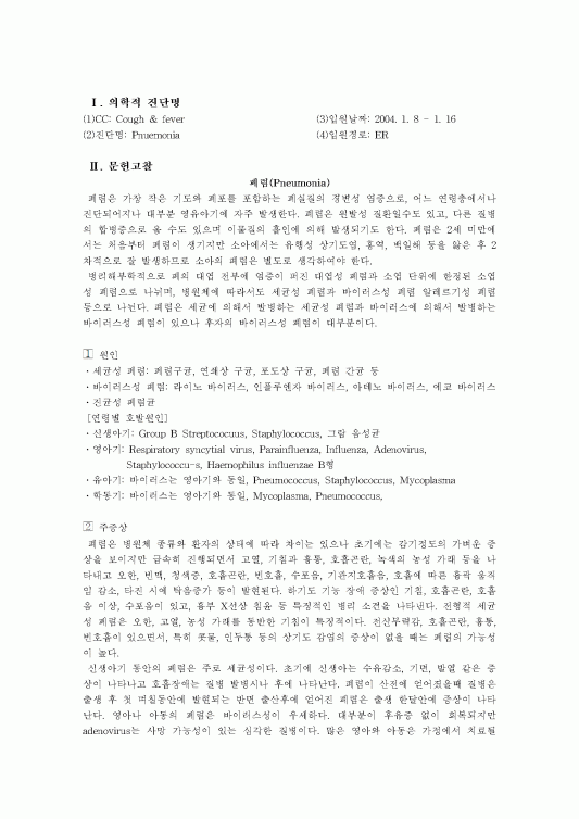 폐렴(Pneumonia)  정의 증상 및 케이스