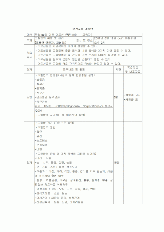 고혈압의 예방 및 관리- 지역사회보건교육안
