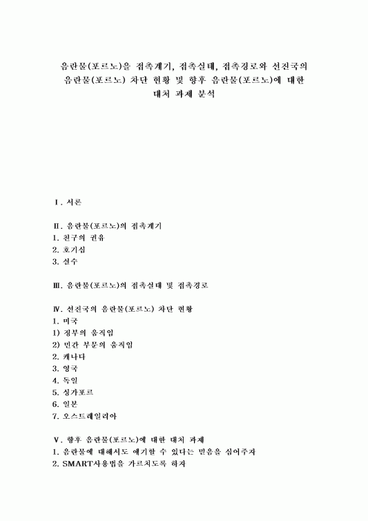 [음란물][포르노][야동]음란물(포르노, 야동) 접촉계기, 음란물(포르노, 야동) 접촉실태, 음란물(포르노, 야동) 접촉경로와 선진국의 음란물(포르노, 야동) 차단 현황 및 향후 음란물(포르노, 야동) 대처 과제 분석