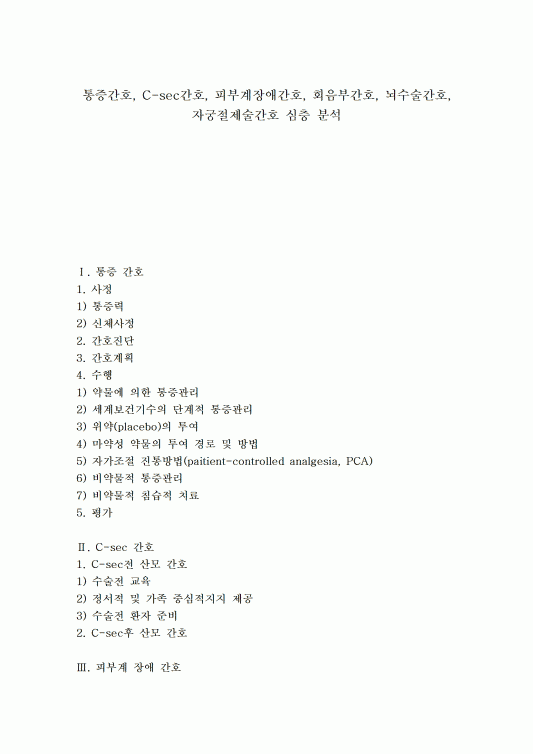 [간호][통증간호][C-sec간호][피부계장애간호][회음부간호][뇌수술간호][자궁절제술 간호][환자간호]통증간호, C-sec간호, 피부계장애간호, 회음부간호, 뇌수술간호, 자궁절제술 간호 심층 분석(간호, 환자간호)