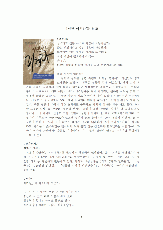 [우수평가자료](독후감)1년만 미쳐라를 읽고