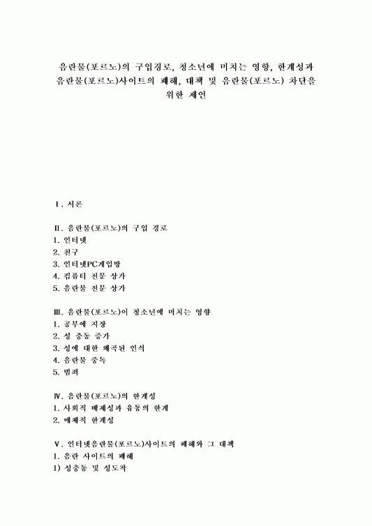 [음란물][야동]음란물(포르노, 야동)의 구입경로, 청소년에 미치는 영향, 음란물(포르노, 야동)의 한계성과 음란물(포르노, 야동)사이트 폐해, 음란물(포르노, 야동) 대책 및 음란물(포르노, 야동) 차단을 위한 제언
