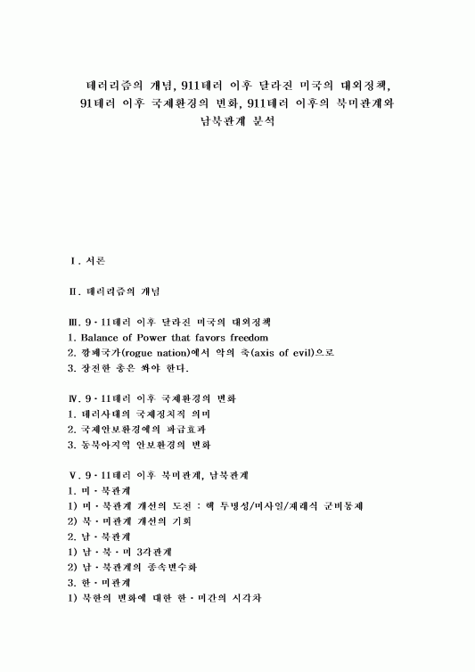 [테러][911][테러리즘][911테러][미국 대외정책][북미관계][남북관계]테러리즘의 개념, 911테러 이후 달라진 미국의 대외정책, 911테러 이후 국제환경의 변화, 911테러 이후의 북미관계와 남북관계 분석(911테러)