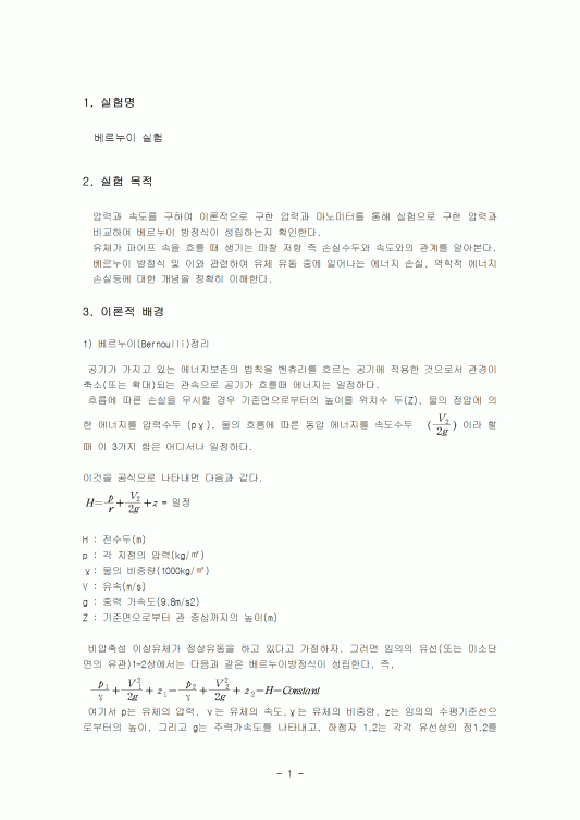 [유체실험] 베르누이 실험(손실수두와 속도와의 관계, 유체유동 중 에너지 손실 등)