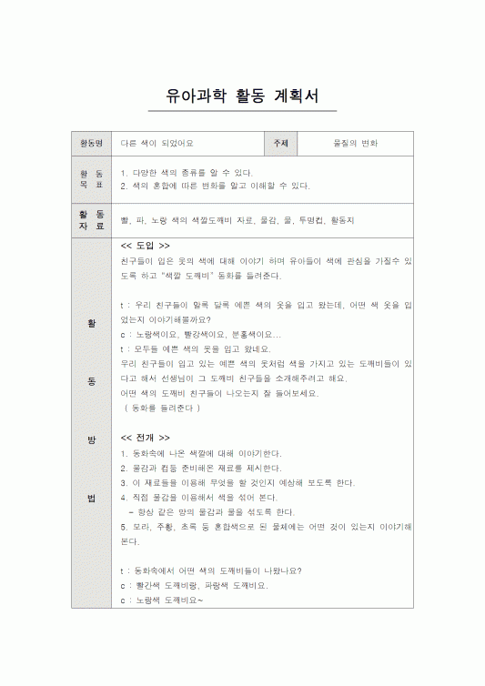 유아과학활동계획안 (다른색이 되었어요) - 동화:색깔도깨비