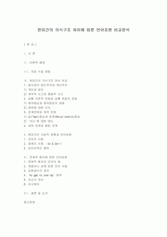 [문화와언어]한미간의 의식구조 차이에 따른 언어표현 비교분석