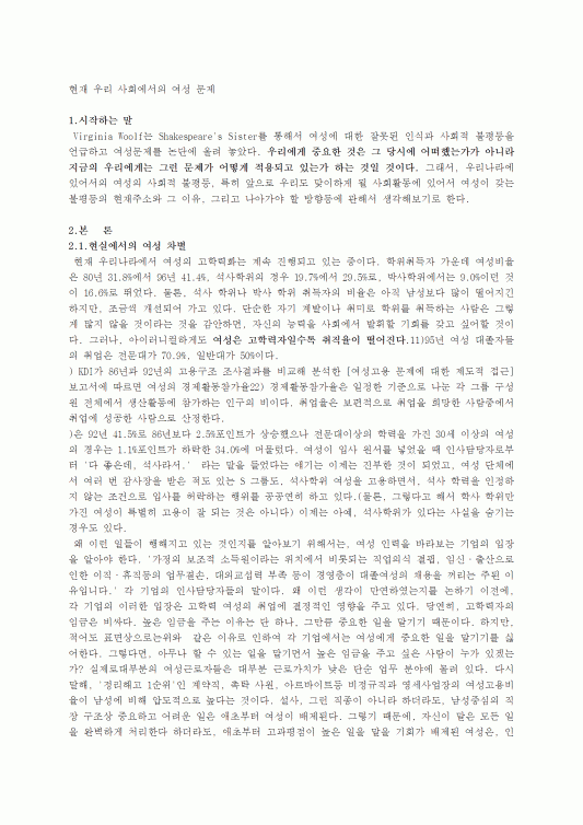 현재 우리 사회에서의 여성 문제