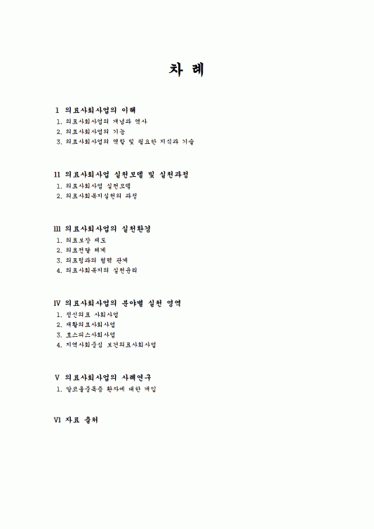의료사회사업의 이해  실천모델 및 실천과정 의료사회사업의 실천환경  분야별 실천 영역