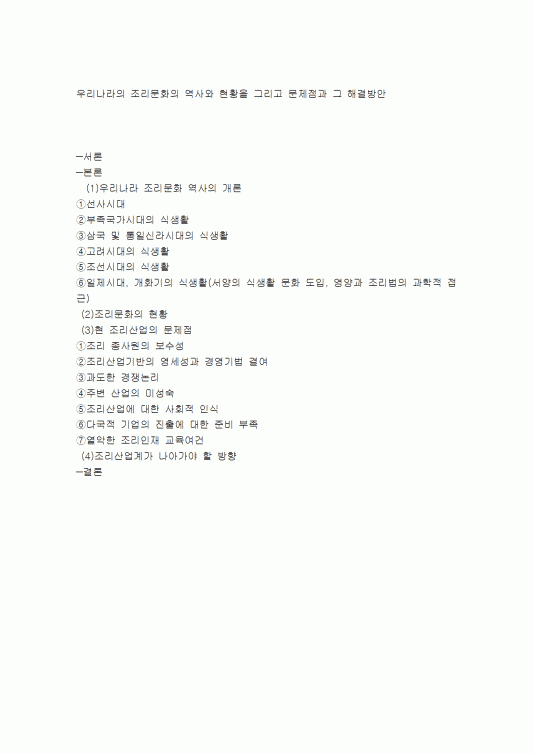 우리나라의 조리문화의 역사와 현황을 그리고 문제점과 그 해결방안