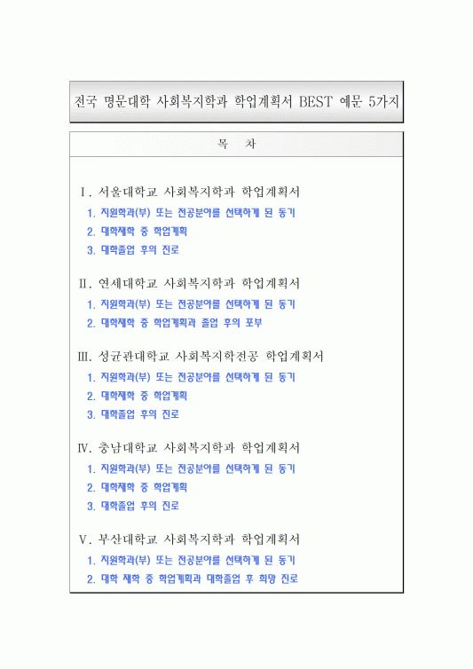 [입학자료] 전국 명문대학 사회복지학과 학업계획서 BEST 예문 5가지