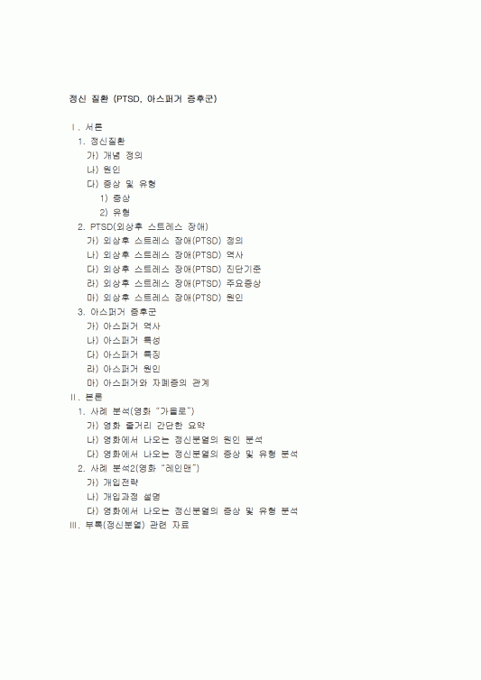 정신 질환 (PTSD, 아스퍼거 증후군)