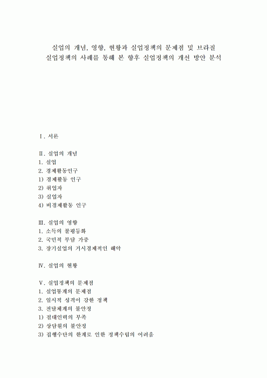 [실업][실업정책][실업대책][실업문제][실업자][청년실업][실업률]실업의 개념, 실업의 영향, 실업의 현황과 실업정책의 문제점 및 브라질 실업정책의 사례를 통해 본 향후 실업정책의 개선 방안 분석