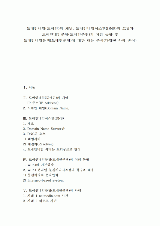 [도메인네임][도메인]도메인네임(도메인)의 개념, 도메인네임시스템(DNS)의 고찰과 도메인네임분쟁(도메인분쟁)의 처리 동향 및 도메인네임분쟁(도메인분쟁)에 대한 대응 분석(다양한 사례 중심)