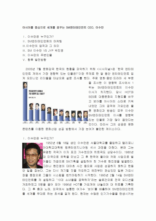 아시아를 중심으로 세계를 꿈꾸는 SM엔터테인먼트 CEO, 이수만
