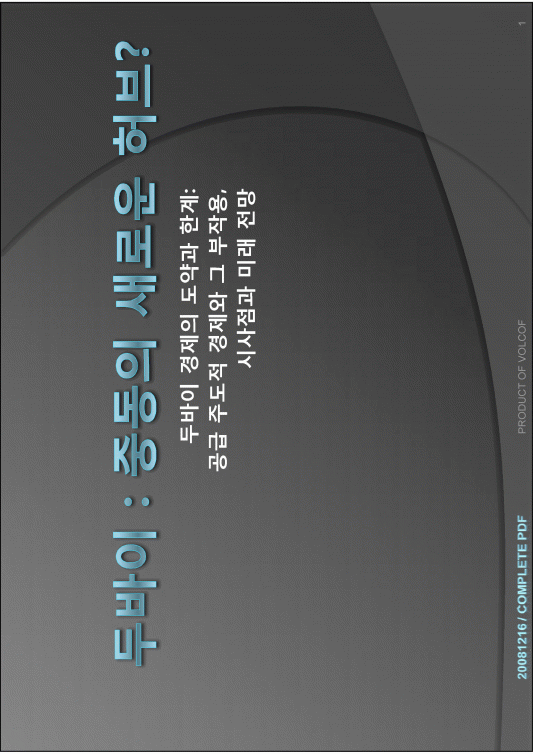 두바이 - 중동의 새로운 허브인가? 두바이의 성장과 배경, 두바이 방식의 한계, 시사점과 두바이의 미래에 관한 간략한 설명자료
