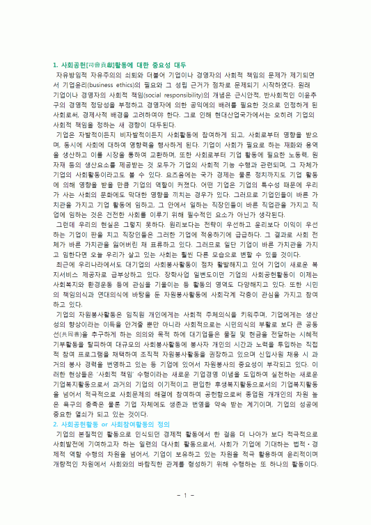 [기업과사회] 기업의 사회공헌(정의, 중요성, 배경, 이유, 형태, 활동현황, 사례, 발전방향 등)