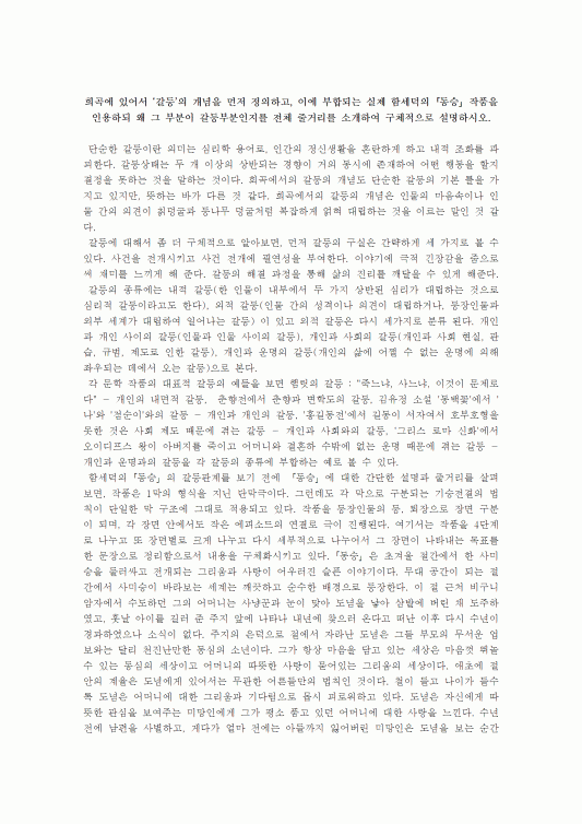 희곡에 있어서 ‘갈등’의 개념을 먼저 정의하고, 이에 부합되는 실제 함세덕의「동승」작품을 인용하되 왜 그 부분이 갈등부분인지를 전체 줄거리를 소개하여 구체적으로 설명하시오.